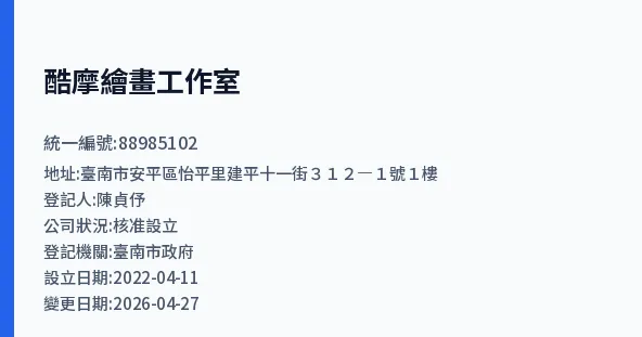酷摩繪畫工作室的照片-統編 88985102(臺南市) 公司登記資料與營業項目詳細圖表