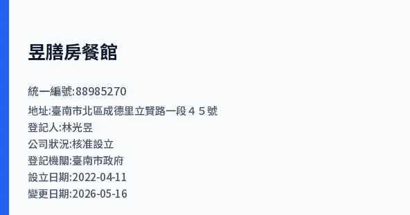昱膳房餐館的照片-統編 88985270(臺南市) 公司登記資料與營業項目詳細圖表