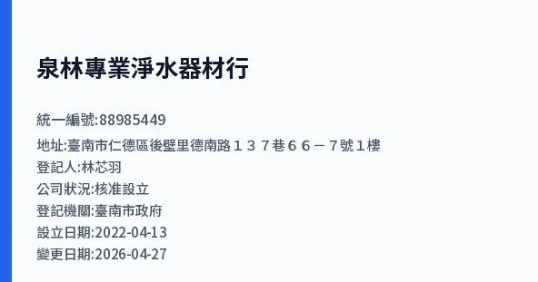 泉林專業淨水器材行的照片-統編 88985449(臺南市) 公司登記資料與營業項目詳細圖表