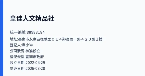 皇佳人文精品社的照片-統編 88988184(臺南市) 公司登記資料與營業項目詳細圖表