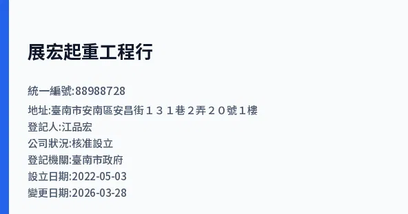 展宏起重工程行的照片-統編 88988728(臺南市) 公司登記資料與營業項目詳細圖表