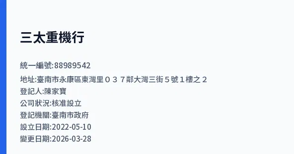三太重機行的照片-統編 88989542(臺南市) 公司登記資料與營業項目詳細圖表