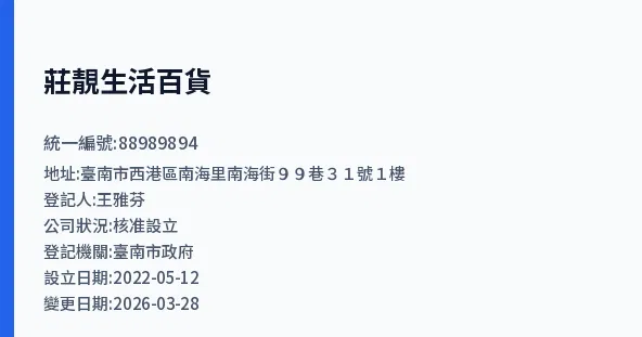 莊靚生活百貨的照片-統編 88989894(臺南市) 公司登記資料與營業項目詳細圖表