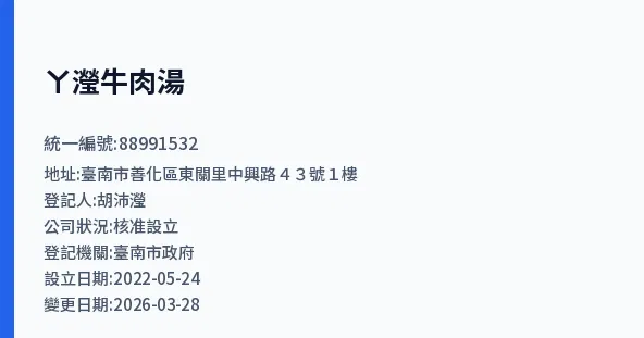 ㄚ瀅牛肉湯的照片-統編 88991532(臺南市) 公司登記資料與營業項目詳細圖表