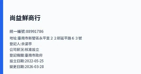 尚益鮮商行的照片-統編 88991786(臺南市) 公司登記資料與營業項目詳細圖表