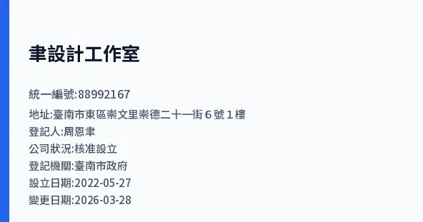 聿設計工作室的照片-統編 88992167(臺南市) 公司登記資料與營業項目詳細圖表
