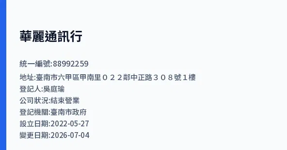 華麗通訊行的照片-統編 88992259(臺南市) 公司登記資料與營業項目詳細圖表
