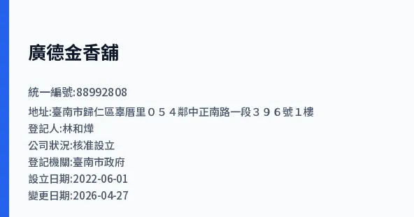 廣德金香舖的照片-統編 88992808(臺南市) 公司登記資料與營業項目詳細圖表