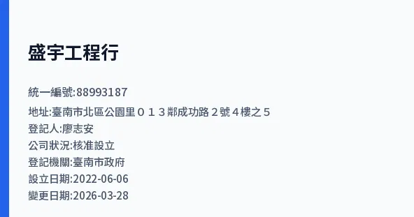 盛宇工程行的照片-統編 88993187(臺南市) 公司登記資料與營業項目詳細圖表