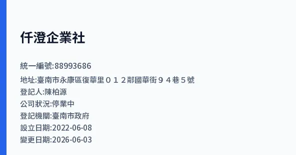 仟澄企業社的照片-統編 88993686(臺南市) 公司登記資料與營業項目詳細圖表