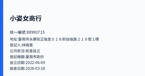 小姿女商行的照片-統編 88993715(臺南市) 公司登記資料與營業項目詳細圖表