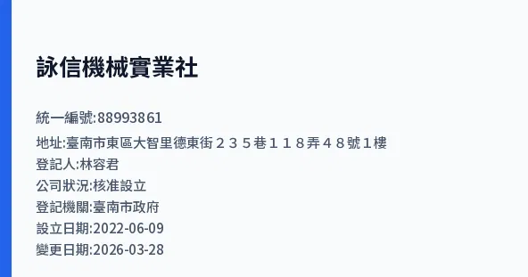 詠信機械實業社的照片-統編 88993861(臺南市) 公司登記資料與營業項目詳細圖表