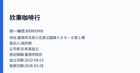 欣秉咖啡行的照片-統編 88993969(臺南市) 公司登記資料與營業項目詳細圖表