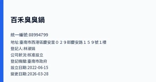 百禾臭臭鍋的照片-統編 88994799(臺南市) 公司登記資料與營業項目詳細圖表