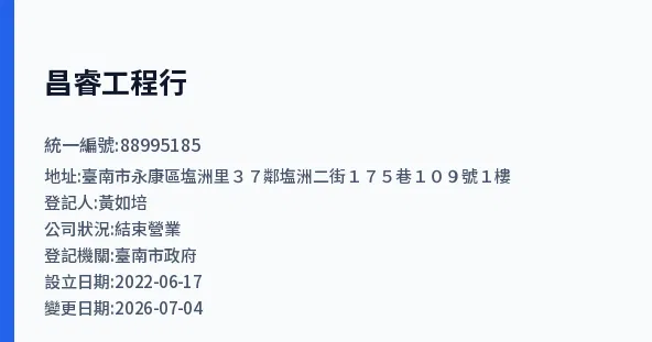 昌睿工程行的照片-統編 88995185(臺南市) 公司登記資料與營業項目詳細圖表