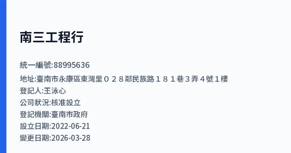 南三工程行的照片-統編 88995636(臺南市) 公司登記資料與營業項目詳細圖表