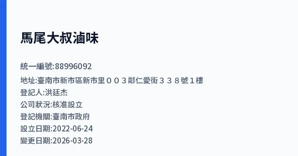 馬尾大叔滷味的照片-統編 88996092(臺南市) 公司登記資料與營業項目詳細圖表