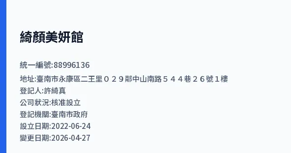 綺顏美妍館的照片-統編 88996136(臺南市) 公司登記資料與營業項目詳細圖表