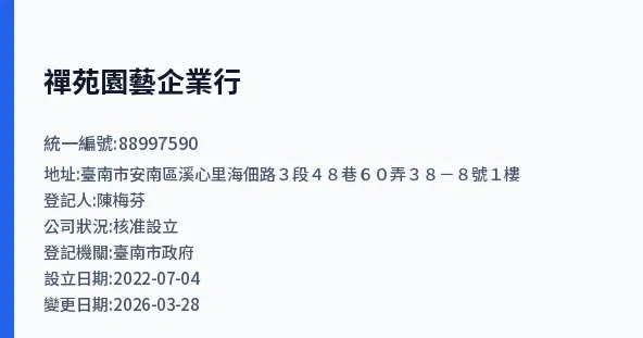 禪苑園藝企業行的照片-統編 88997590(臺南市) 公司登記資料與營業項目詳細圖表