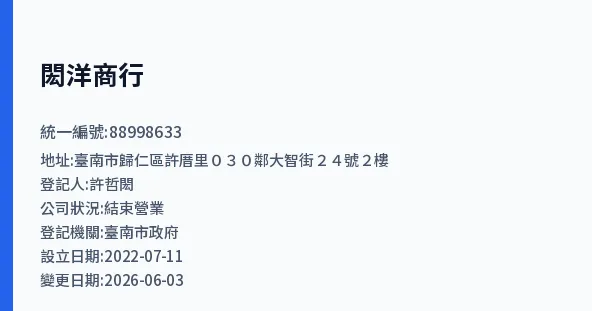 閎洋商行的照片-統編 88998633(臺南市) 公司登記資料與營業項目詳細圖表