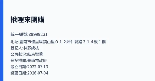 揪哩來團購的照片-統編 88999231(臺南市) 公司登記資料與營業項目詳細圖表