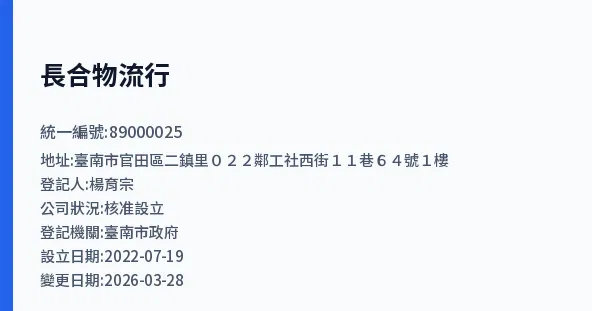 長合物流行的照片-統編 89000025(臺南市) 公司登記資料與營業項目詳細圖表