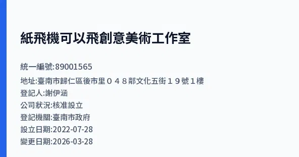 紙飛機可以飛創意美術工作室的照片-統編 89001565(臺南市) 公司登記資料與營業項目詳細圖表