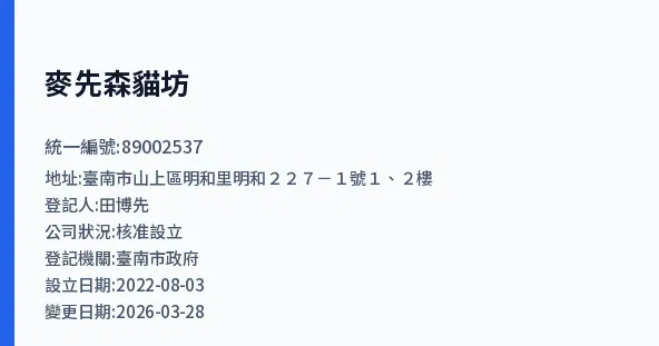 麥先森貓坊的照片-統編 89002537(臺南市) 公司登記資料與營業項目詳細圖表