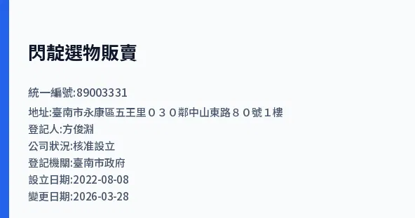 閃靛選物販賣的照片-統編 89003331(臺南市) 公司登記資料與營業項目詳細圖表