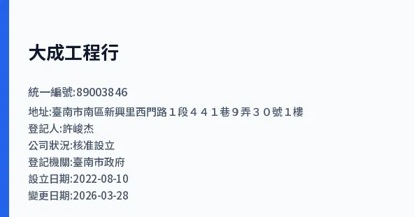 大成工程行的照片-統編 89003846(臺南市) 公司登記資料與營業項目詳細圖表