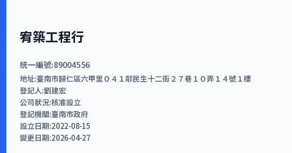 宥築工程行的照片-統編 89004556(臺南市) 公司登記資料與營業項目詳細圖表