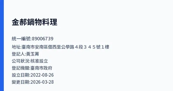 金郝鍋物料理的照片-統編 89006739(臺南市) 公司登記資料與營業項目詳細圖表