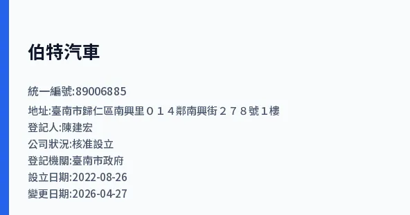 伯特汽車的照片-統編 89006885(臺南市) 公司登記資料與營業項目詳細圖表