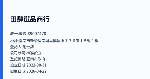 田肆選品商行的照片-統編 89007478(臺南市) 公司登記資料與營業項目詳細圖表