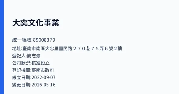 大奕文化事業的照片-統編 89008379(臺南市) 公司登記資料與營業項目詳細圖表