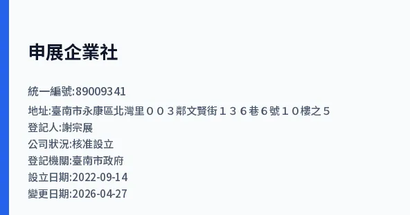 申展企業社的照片-統編 89009341(臺南市) 公司登記資料與營業項目詳細圖表