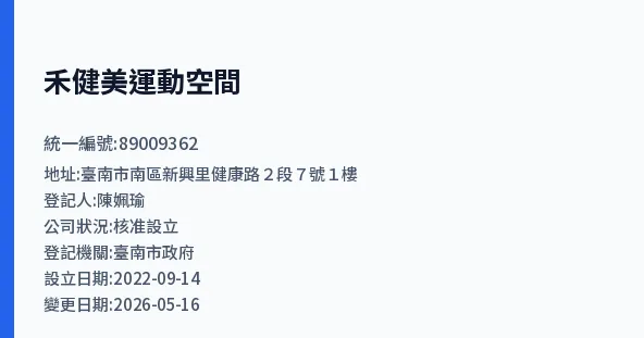 禾健美運動空間的照片-統編 89009362(臺南市) 公司登記資料與營業項目詳細圖表