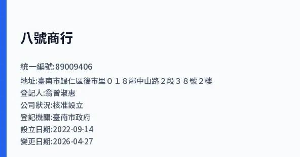 八號商行的照片-統編 89009406(臺南市) 公司登記資料與營業項目詳細圖表