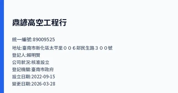 鼎諺高空工程行的照片-統編 89009525(臺南市) 公司登記資料與營業項目詳細圖表