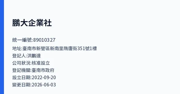 鵬大企業社的照片-統編 89010327(臺南市) 公司登記資料與營業項目詳細圖表