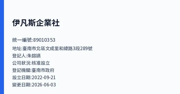 伊凡斯企業社的照片-統編 89010353(臺南市) 公司登記資料與營業項目詳細圖表