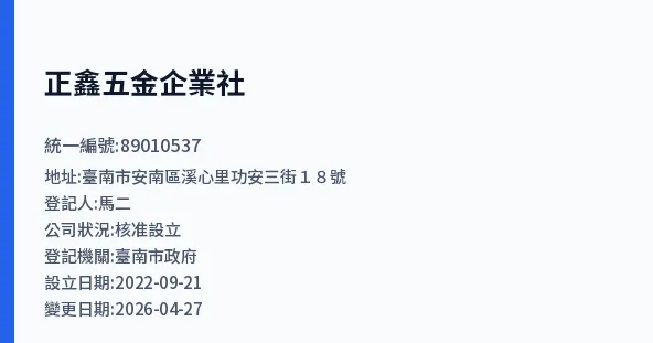 正鑫五金企業社的照片-統編 89010537(臺南市) 公司登記資料與營業項目詳細圖表