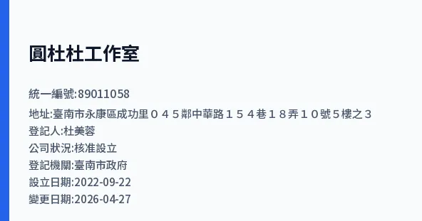 圓杜杜工作室的照片-統編 89011058(臺南市) 公司登記資料與營業項目詳細圖表