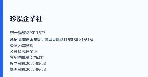 珍泓企業社的照片-統編 89011677(臺南市) 公司登記資料與營業項目詳細圖表