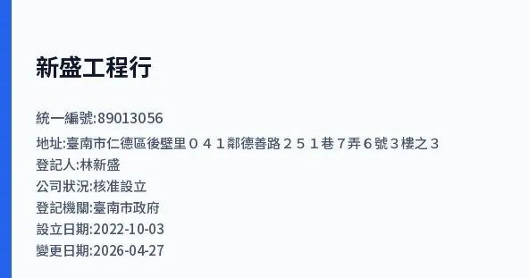 新盛工程行的照片-統編 89013056(臺南市) 公司登記資料與營業項目詳細圖表