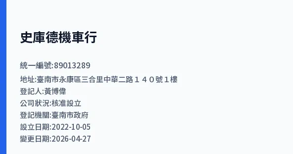 史庫德機車行的照片-統編 89013289(臺南市) 公司登記資料與營業項目詳細圖表