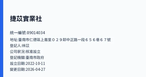 捷苡實業社的照片-統編 89014034(臺南市) 公司登記資料與營業項目詳細圖表