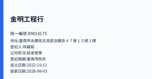金明工程行的照片-統編 89014175(臺南市) 公司登記資料與營業項目詳細圖表