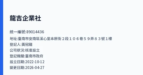 龍吉企業社的照片-統編 89014436(臺南市) 公司登記資料與營業項目詳細圖表