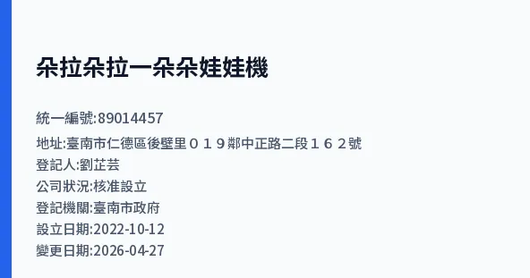 朵拉朵拉一朵朵娃娃機的照片-統編 89014457(臺南市) 公司登記資料與營業項目詳細圖表